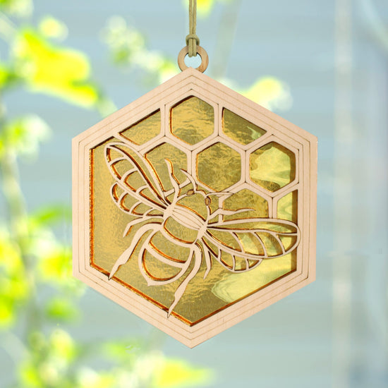 BEE SUNCATCHER - stained glass & wood window ornament 6" size ...