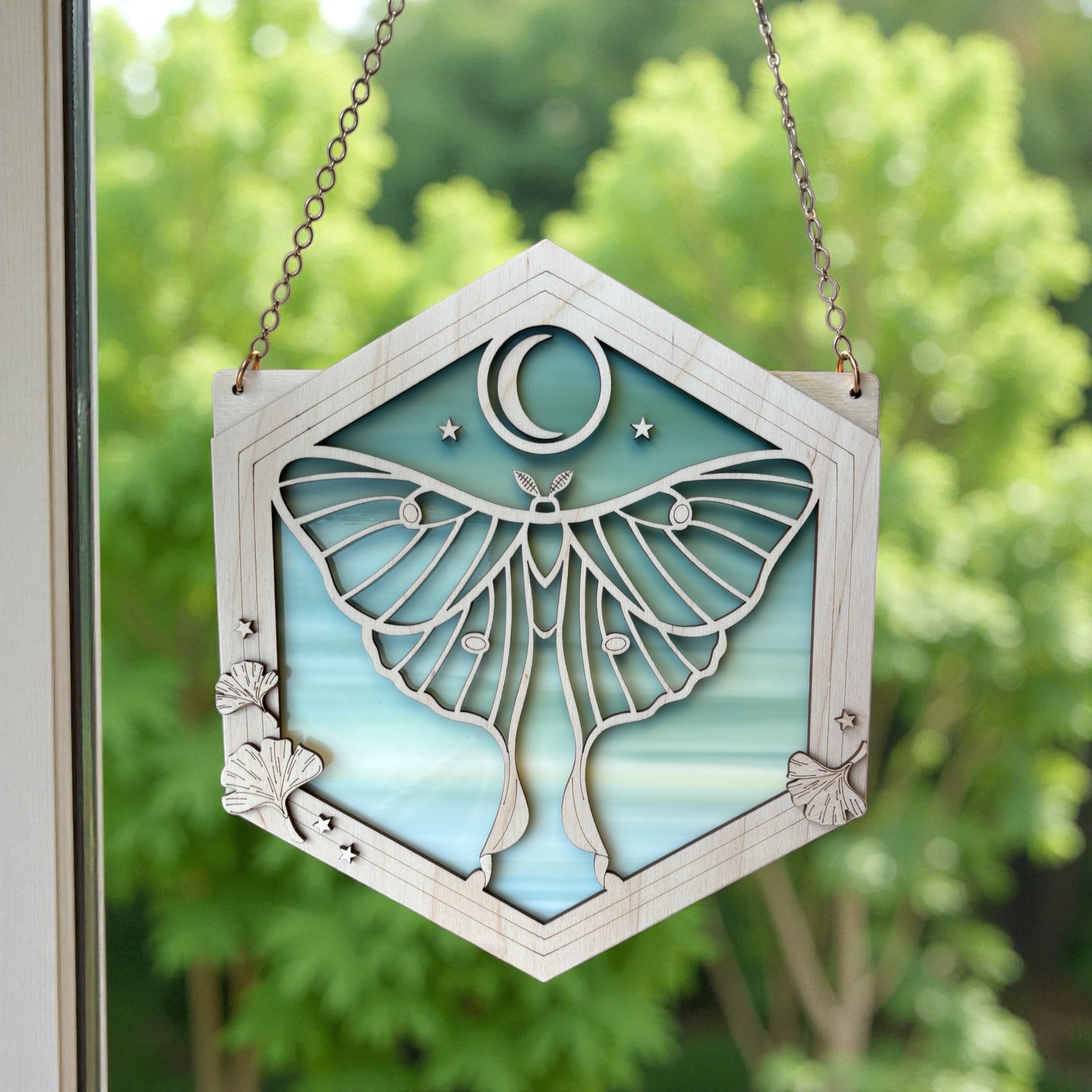 LUNA MOTH - stained glass & wood suncatcher window ornament ...