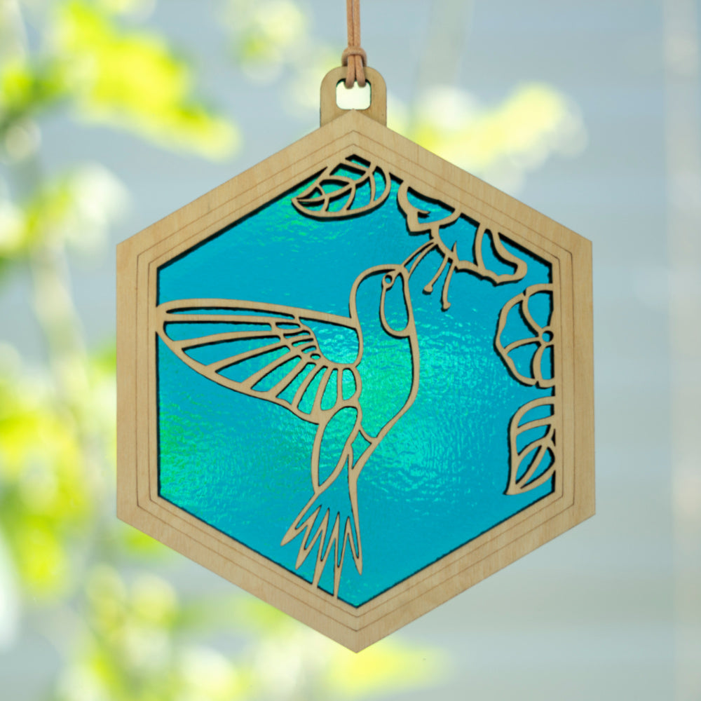 HUMMINGBIRD SUNCATCHER - stained glass & wood 6" window ornament ...